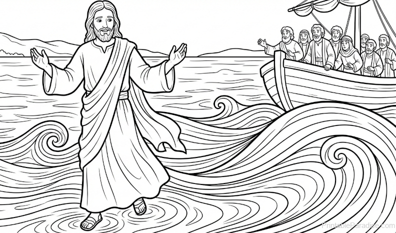 Printable Jesus Walking on Water Coloring Page
