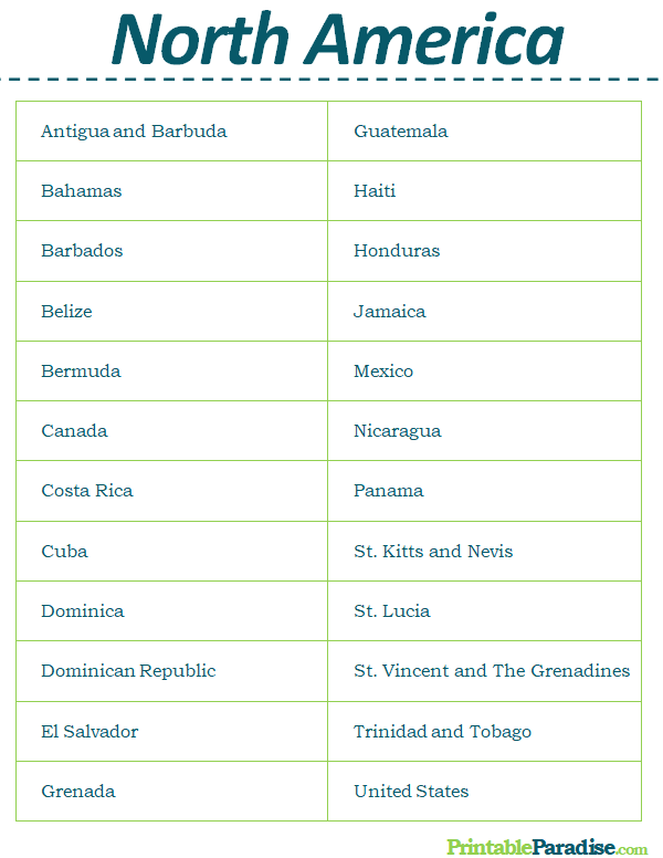 Printable List Of Countries In North America Printable List Of Countries In North America